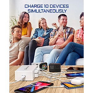 Aergiatech USB C Charger Station, 10-Port 100W Charging Hub with PD3.0 and QC3.0 Fast Charging for Multiple Devices, Compatible with iPhone 15/Pro/14/13, iPad Air/Pro, Galaxy -White