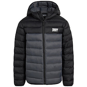 DKNY Boys Jacket – Midweight Insulated Quilted Outerwear Parka Puffer Coat – Water Resistant Boys Winter Hooded Jacket (8-20), Size 10-12, Charcoal/Black