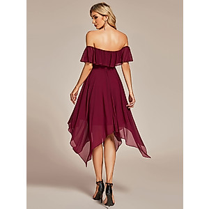 Ever-Pretty Women's Elegant Off The Shoulder Asymmetric Hem Chiffon Midi Spring Dresses for Women Burgundy US12