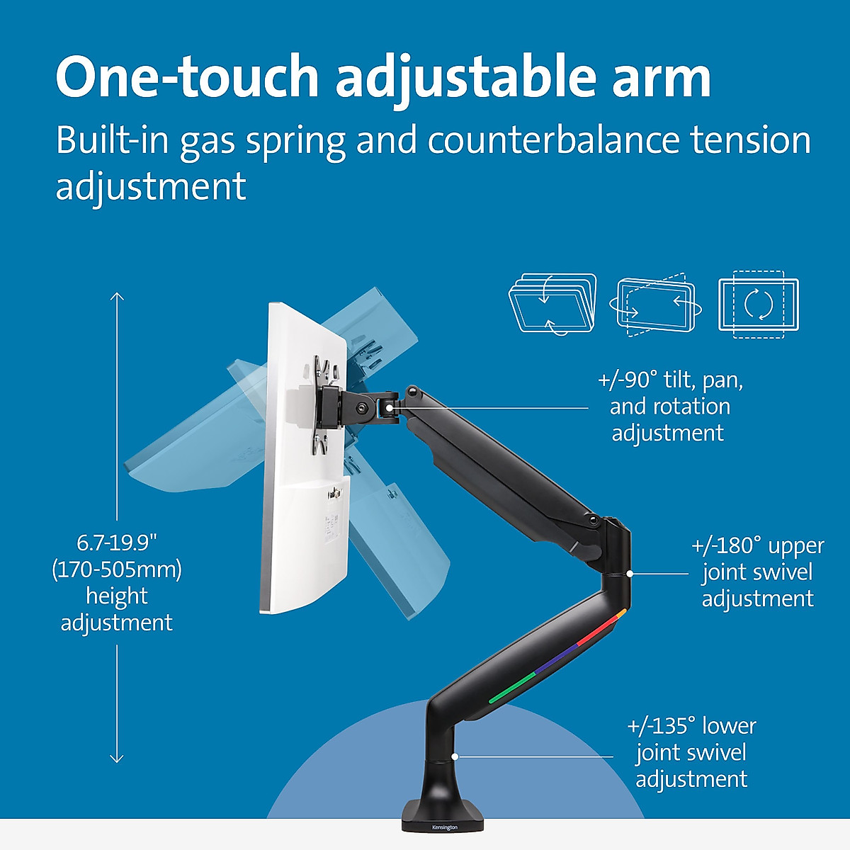 Kensington Single Monitor Arm with Vesa Mount, Adjustable Gas Spring Desk Monitor Arm, SmartFit® One-Touch Heavy Duty Monitor Stand for Ultrawide Monitors Up to 34 Inches, 19.8lbs - Black (K59600WW)
