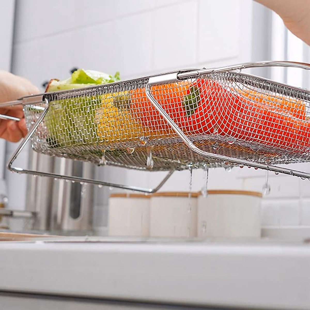 HALOU Sink Drain Basket Counter Dish Drainer Stainless Steel Telescopic Drain Basket Sink Drying Rack Expandable Dish Drainer Over