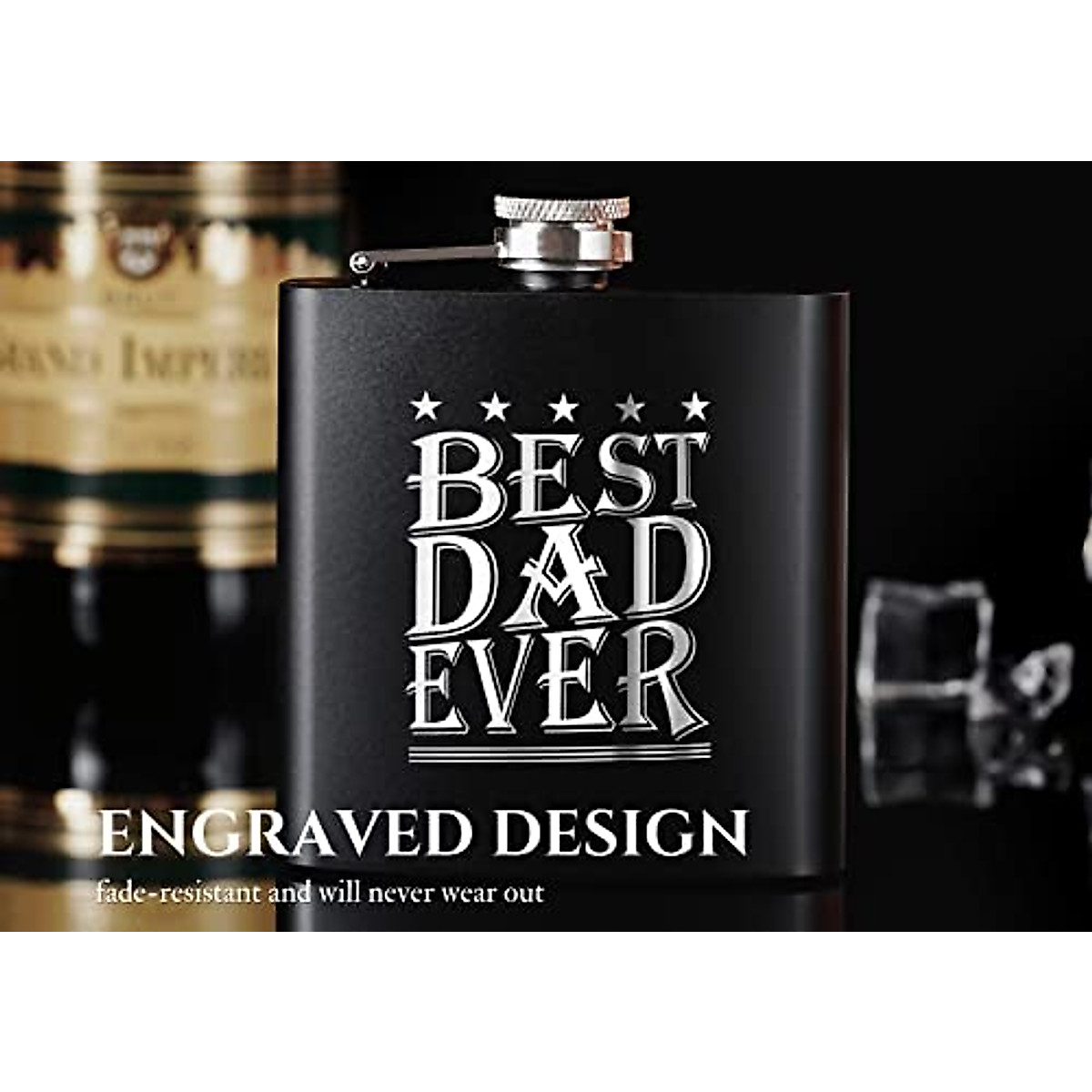Dad Hip Flask, Flasks for Liquor, Stainless Steel Flask (Black 6oz) Father's Day, Birthday, Christmas, Retirement Gifts for Dad, Best Dad Ever, Onebttl