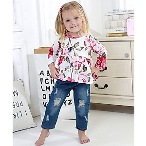 CARETOO Baby Girl Clothes Floral Print Long Sleeve Crew Neck Ruffle Top Fashion Ripped Jeans Fall Winter Toddler Girls Outfits