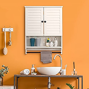 ALIMORDEN Wood Wall Storage Cabinet with Double Shutter Doors, White Bathroom Medicine Cabinet with Towel Bar, White