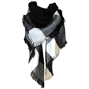Wander Agio Womens Warm Scarf Triangle Winter Shawls Large Scarves Stripe Plaid Fichu Big Black White 15