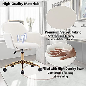 Modern Velvet Home Office Chair, Upholstered Cute Desk Chair with Gold Metal Legs, Adjustable Swivel Task Chair with Wheels, Vanity Chair for Girls Women Small Space Bedroom Study Makeup, Ivory White