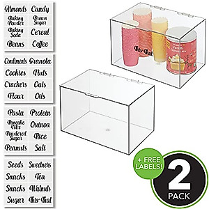 mDesign Plastic Stackable Kitchen Pantry Cabinet/Refrigerator Food Storage Container Bin Box, Attached Lid - Organizer for Coffee, Tea, Snacks - 6.5" high - Pack of 2, Includes 32 Labels - Clear
