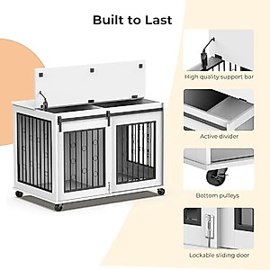 Lyromix Furniture Style Dog Crate End Table with Sliding Barn Door, Indoor Dog Kennel Furniture with Removable Divider for 2 Small to Medium Pets, White, 39.37''W×25.2''D×28.94''H