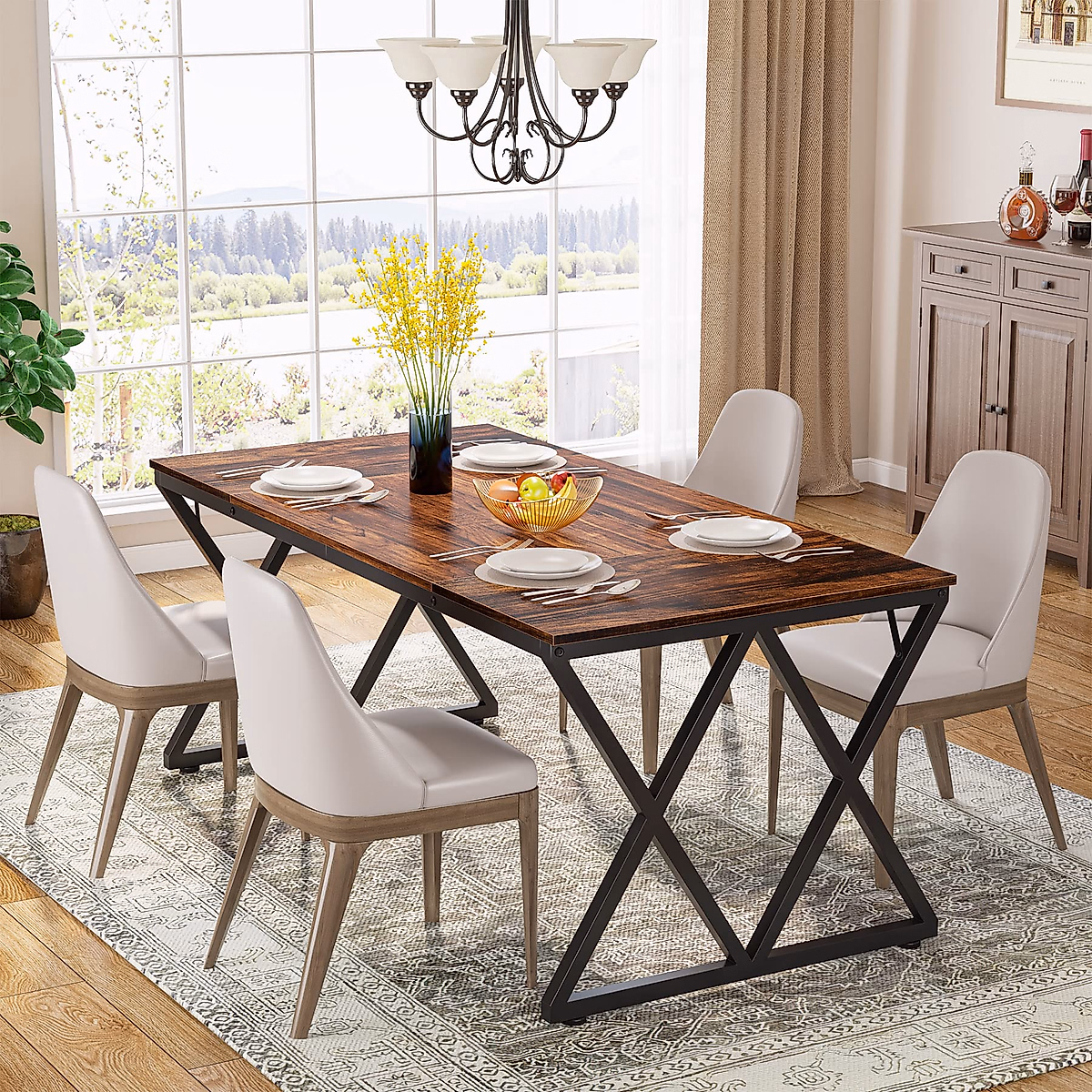 Tribesigns Dining Table for 6, Industrial 70.87 Inch Dining Room Table with Heavy Duty Metal Frame, Wooden Rectangle Kitchen Table for Dining Room, Kitchen, Home Furniture, Rustic Brown