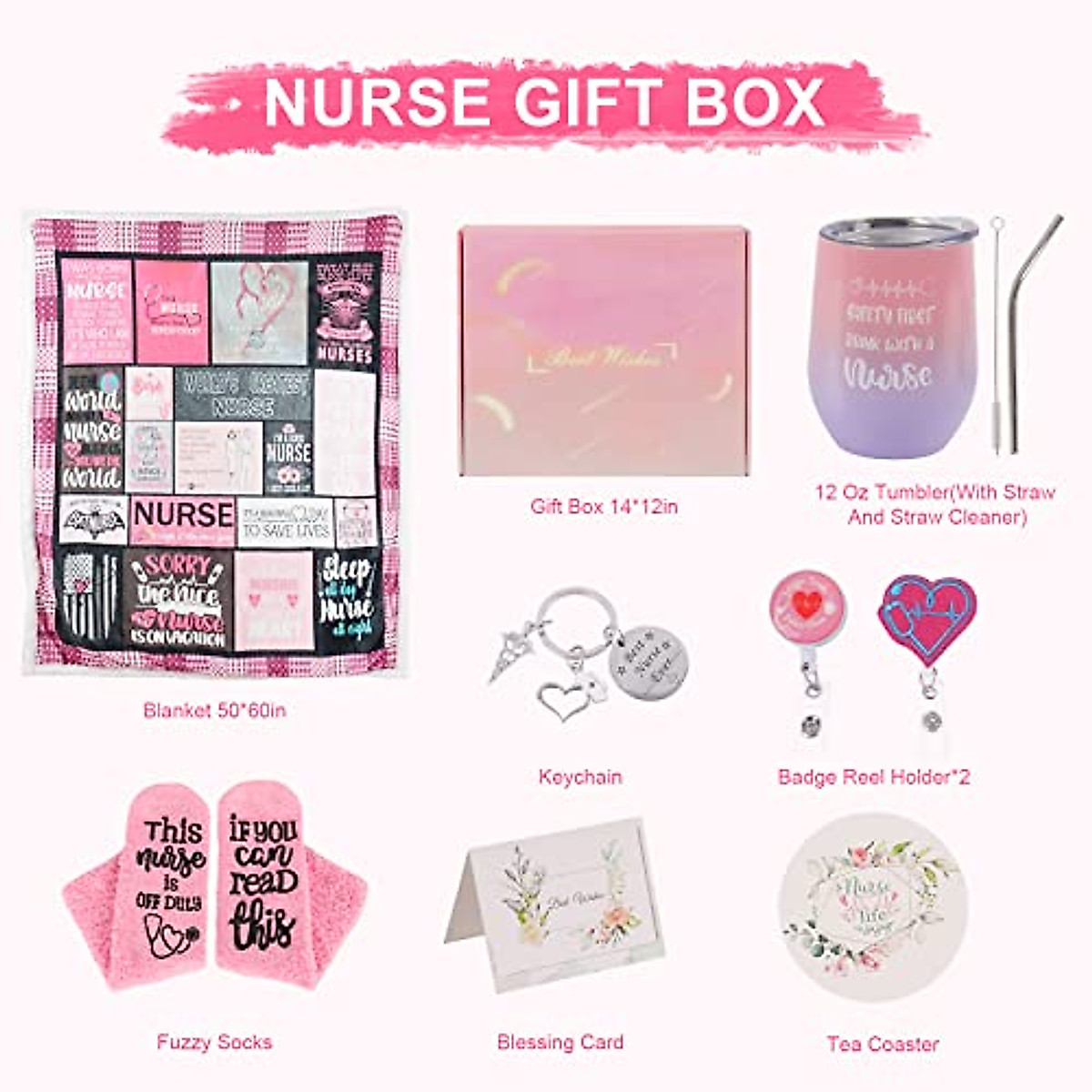 Nurse Gifts Box for Women, Nurse Appreciation Gift Set with Super Soft Nurse Throw Blanket, Wine Tumbler, Coaster, Socks, Keychain, 2pcs Badge Holder Reel, Card(Purple)