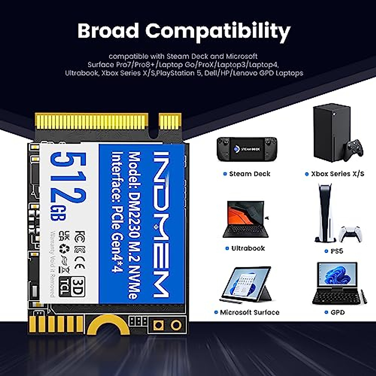 INDMEM M.2 2230 SSD, 512GB 2230 NVMe SSD PCle Gen 4.0x4 Internal Solid State Drive, 3D TLC NAND,Compatible with Surface Pro X Steam Deck GPD Laptop Ultrabook Tablet
