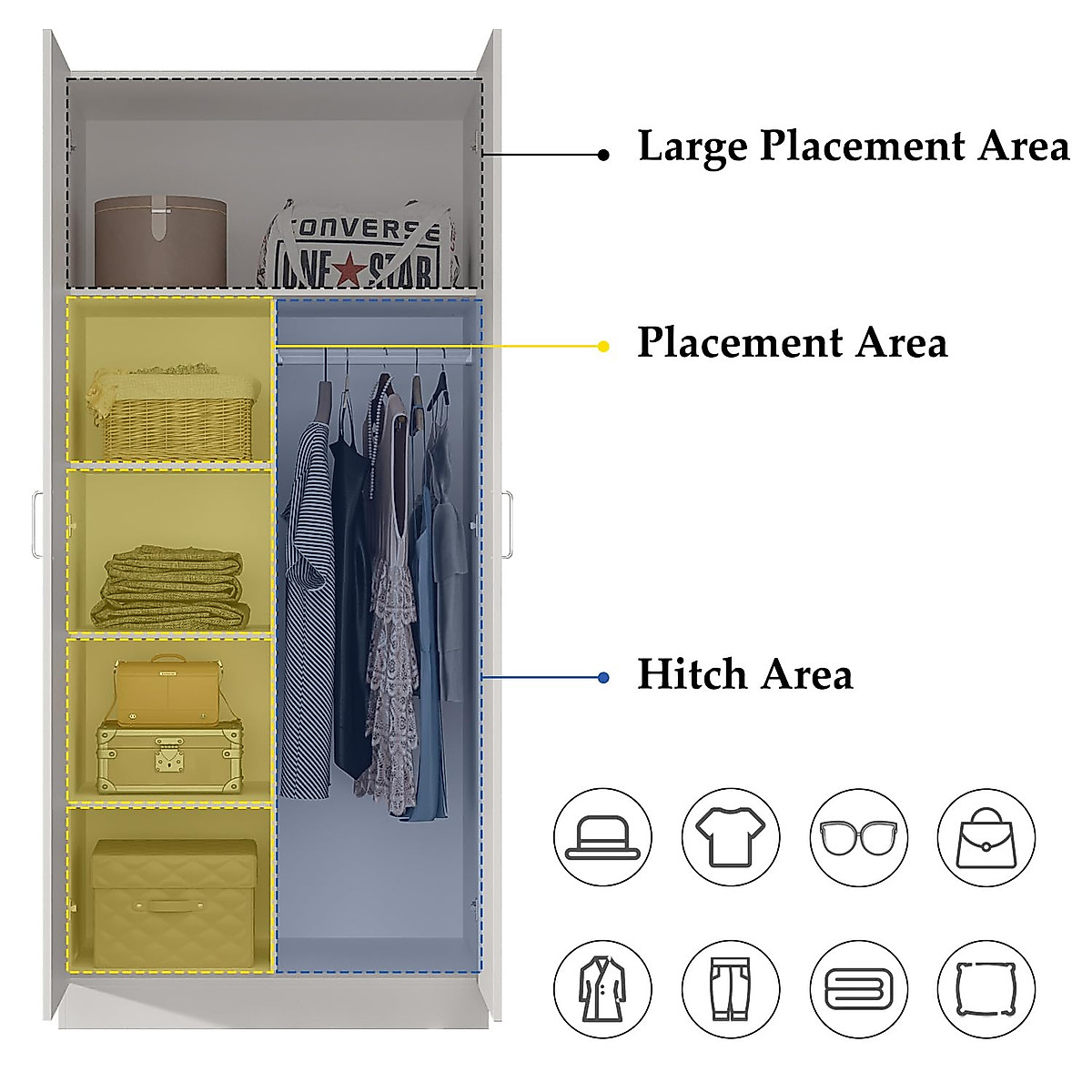 ECACAD Wardrobe Armoire with 5 Shelves, Hanging Rod & 2 Doors, Wooden Closet Storage Cabinet for Bedroom, White (31.5”W x 19.1”D x 70.9”H)