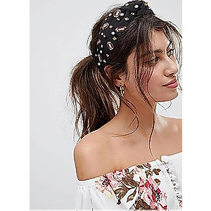 Football Headband Pearl Rhinestone Jeweled Knotted Headband Fun Sports White Hot Pink Black Blue Football Embellished Wide Top Knot Hairband Headpiece Game Day Sports Hair Accessories Gift for Football Mom Fans (black football headband)