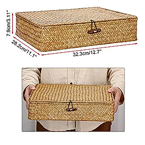 Hipiwe Flat Wicker Storage Basket Bins With Lid Large Seagrass Woven Shelf Basket Rectangular Home Decor Oraganizer Basket Boxes for Closet Bathroom Shelf Organizing, Caramel