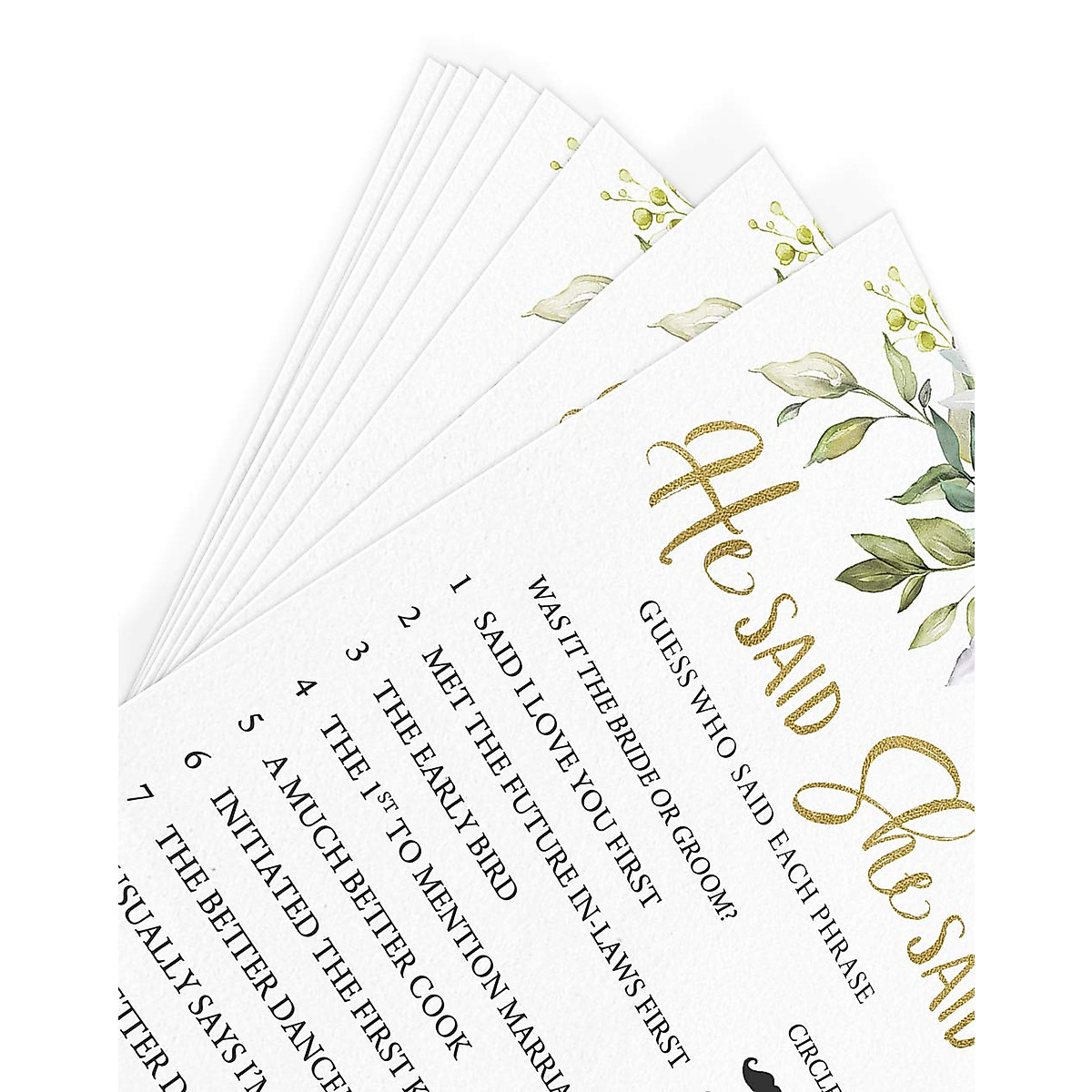 Printed Party Bridal Shower Games – He Said She Said Game with Fun Bride and Groom Trivia, Wedding Shower Activity, Botanical Eucalyptus Theme, 50 Guests