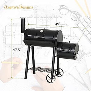 Captiva Designs Charcoal Grill with Offset Smoker, All Metal Steel Made Outdoor Smoker, 512 sq.in Cooking Area, Best Charcoal Grill & Smoker Combo for Outdoor Garden Patio and Backyard Cooking