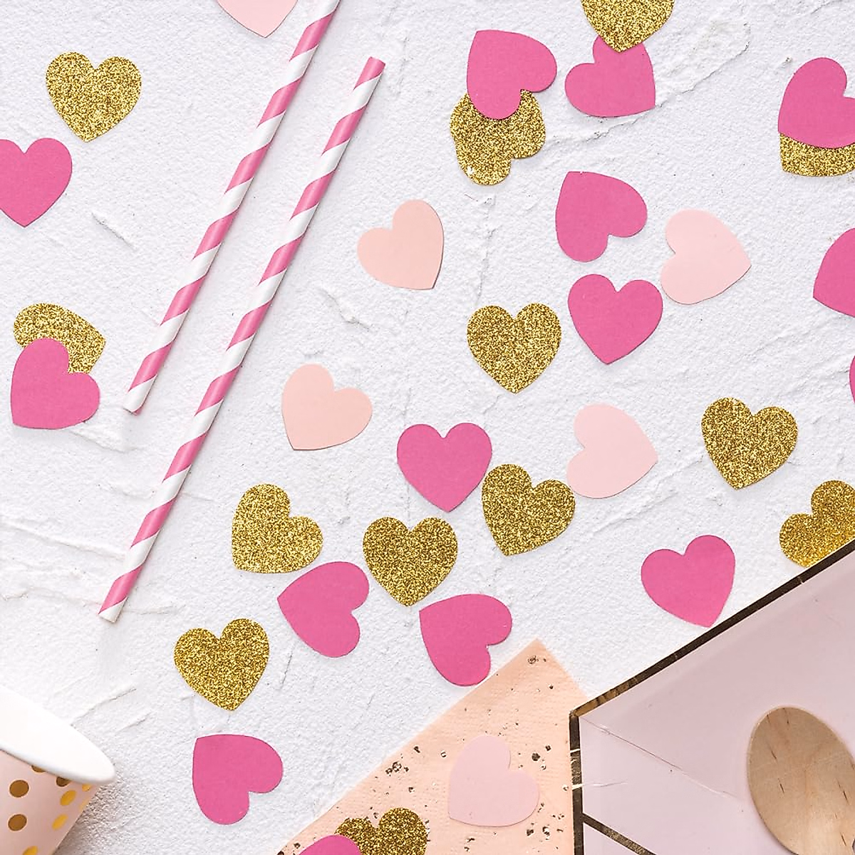 Hot Pink Gold and Pink Heart Confetti Table Decoration for Love Valentine's Day Baby Shower Birthday Wedding Bridal Hen Party,1.2 inch in Diameter,200 Counts