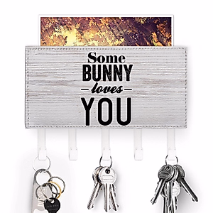 Yinrune Rustic Key Hangers with 5 Hooks Some Bunny Loves You Key Holder for Wall, Self Adhesive Key Organizer Positive Quotes Key Holder and Key Rack for Kitchen Bathroom Entryway Home Decor
