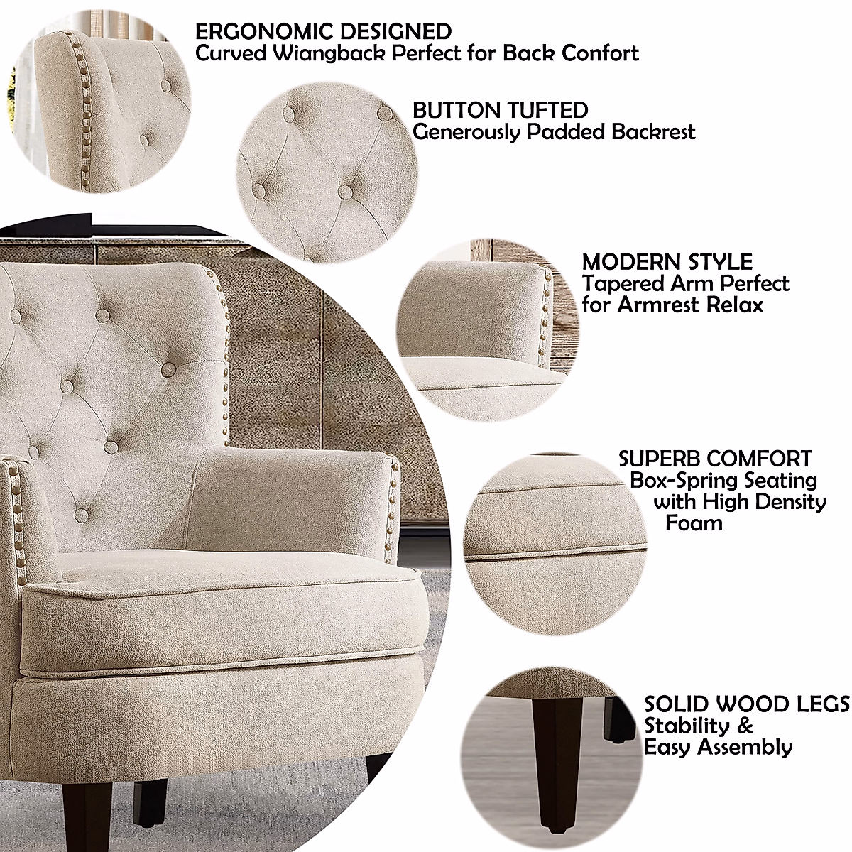 Rosevera Accent Chair and Ottoman Set - Button Tufted Armchair for Living ROM, Bedroom, Reading - Mid-Century Modern Lounge Chair Set - Beige