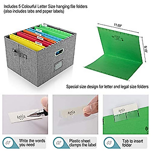 JSungo File Box with 5 Hanging Filing Folders, Document Organizer Storage for Office, Collapsible Linen Storage Box with Lids, Home Portable Storage with Handle, Letter Size Legal Folder, Grey