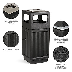 Safco Products Canmeleon Outdoor/Indoor Recessed Panel Trash Can with Ash Urn 9474BL, Black, Decorative Fluted Panels, Stainless Steel Ashtray, 15 Gallon Capacity