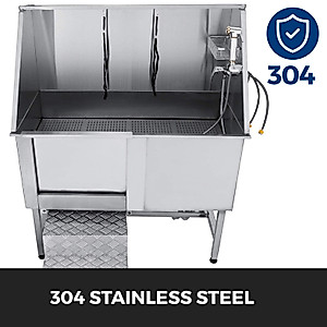 VEVOR 62 inch Professional Dog Grooming Tub Stainless Steel Pet Bathing Tub Large Dog Wash Tub with Faucet Walk-in Ramp Accessories Dog Washing Station Pet Bath Tub