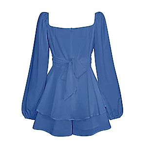 Plustrong Women's Boho Off Shoulder Lantern Long Sleeve Romper Ruffle Layer Mini Short Jumpsuit(blue 025,L)