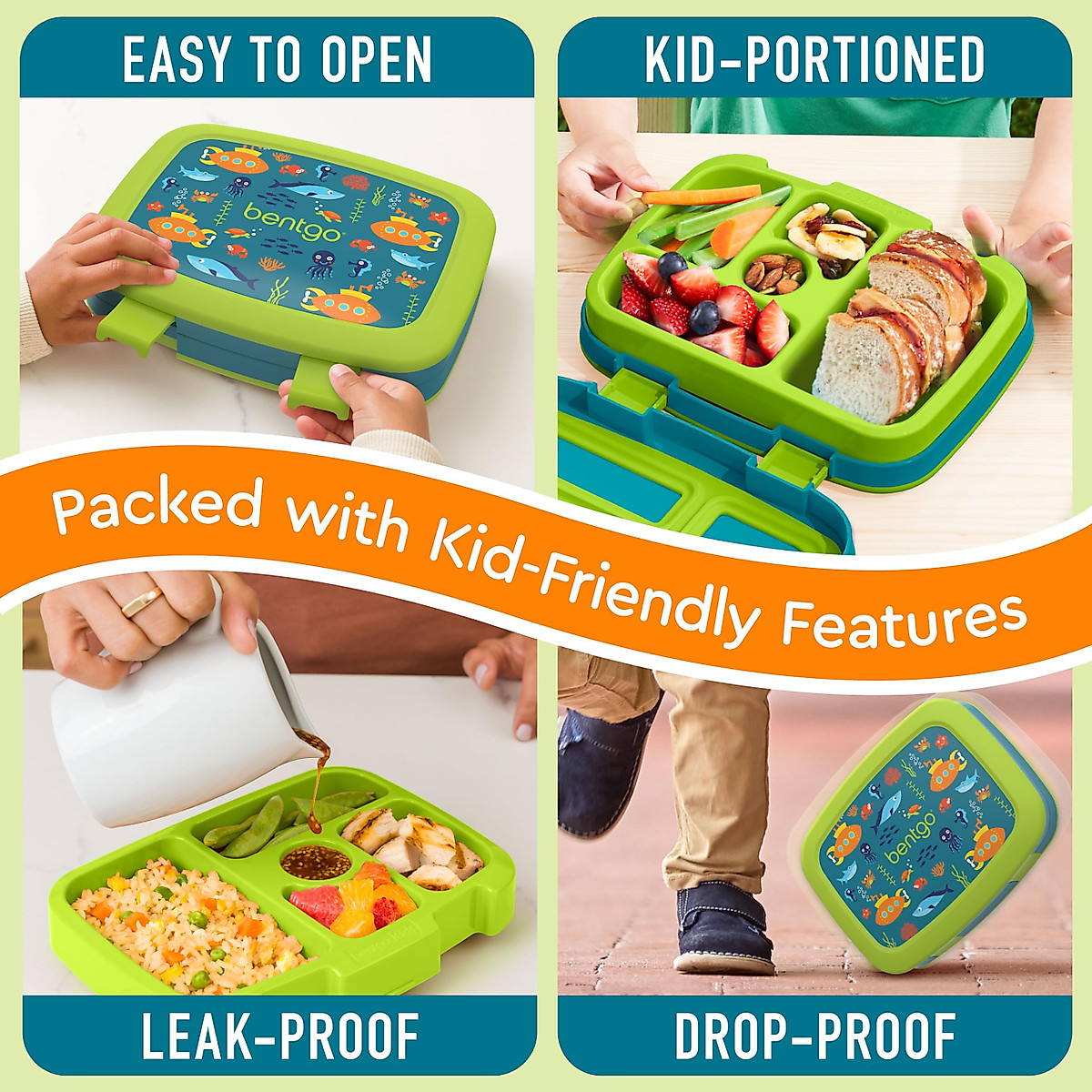 Bentgo Kids Prints Leak-Proof, 5-Compartment Bento-Style Kids Lunch Box - Ideal Portion Sizes for Ages 3-7, Durable, Drop-Proof, Dishwasher Safe, & Made with BPA-Free Materials (Submarine)