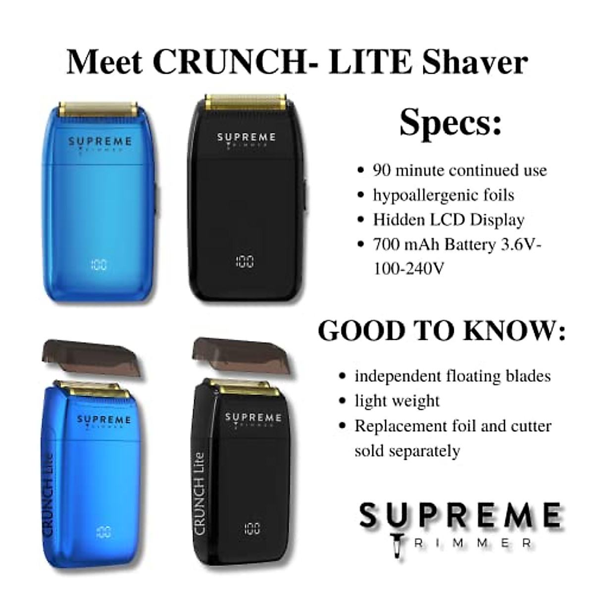 SUPREME TRIMMER Foil Shaver STF600 (60 Min Runtime) & Replacement Cutters SB55 | Crunch Lite - Blue