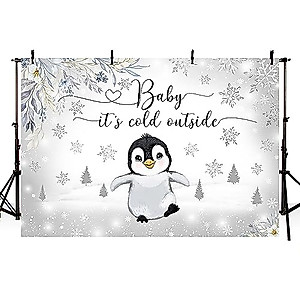 MEHOFOND 7x5ft Penguin Winter Baby Shower Backdrop Baby It's Cold Outside Background Silver Gliter Artic Animals Baby Shower Party Banner Decorations Photo Booth Props