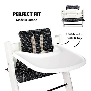 UKJE Cushion Compatible with Stokke Tripp Trapp - Soft Seat for Infants, Babies & Toddlers, High Chair Accessories, Cotton Fabric Insert, Easy to Install, Handmade in Europe (Black Geometric)