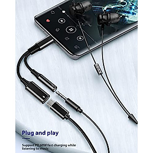 Adapter USB C to 3.5mm Headphone and Charger, 2 in 1 Type C to 3.5mm Audio Aux Adapter - PD 60W Fast Charging - Compatible with Samsung Galaxy S23 / S22 / S21 / A53 / A33,Pixel 7/7 Pro / 6
