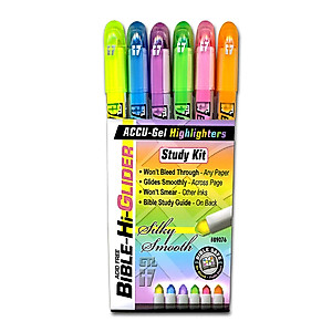 G.T. Luscombe Company, Inc. Accu-Gel Bible-Hi-Glider Bible Study Set | Precise Tip Size | No Bleed Solid Gel Highlighter | No Smearing or Fading | Long Lasting Bright Translucent Colors (Set of 6)