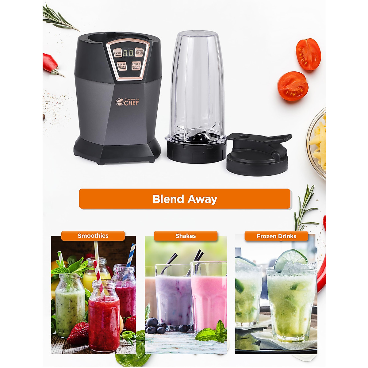 COMMERCIAL CHEF Personal Blender with 3 Modes, Blender for Smoothies, Shakes & More with 6 Stainless Steel Blades, 1000W Small Blender with LED Display