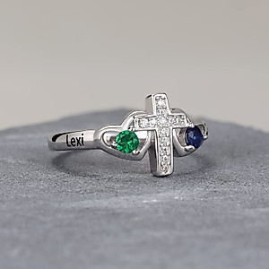 FenFang Personalized Cross Rings for Women with 2 Birthstone Custom Mom Rings with 2 Names Mothers Cross Name Rings Promise Rings for Her Mothers Day Gifts