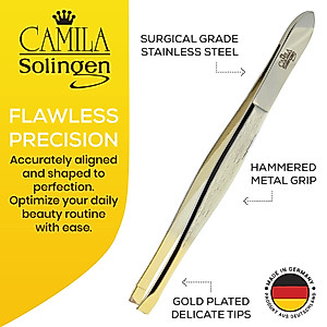 Camila Solingen CS31 3 1/2" Gold Tipped, Surgical Grade, German Stainless Steel Tweezers (Straight) - Flawless Facial Hair and Eyebrow Shaping and Removal for Men/Women