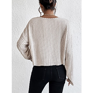 SweatyRocks Women's Long Sleeve Boat Neck Plain Tee Casual Drop Shoulder Rib Knit T Shirt Crop Top Apricot L