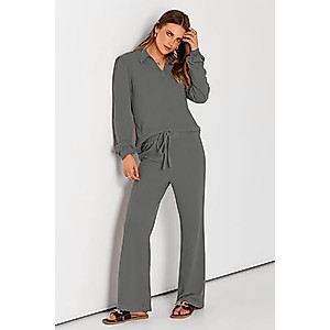 PRETTYGARDEN Women's Fall 2024 Two Piece Tracksuit Outfit Long Sleeve Lapel V Neck Tops Blouses Wide Leg Pants Matching Set (Grey,Large)