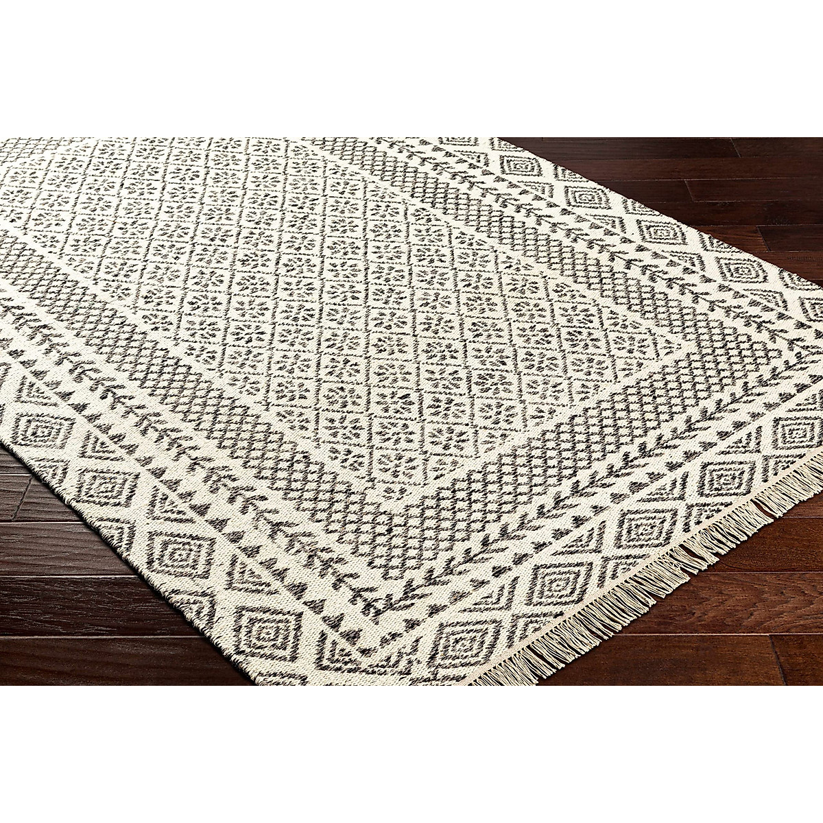 Hauteloom Hulda Wool Living Room, Bedroom Area Rug - Bordered - Boho, Bohemian Carpet - Modern Farmhouse - Gray, Black, White - 8' x 10'