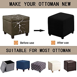Bifaunvogel Ottoman Cover Square Folding Storage Ottoman Slipcovers Jacquard Stretch Cube Footrest Foot Stool Covers Protector with Elastic Band (Small,Black)