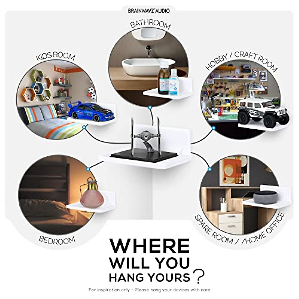 BRAINWAVZ 6.7" Adhesive Floating Wall Shelf for Small Speakers, Deco, Plants, Baby Monitors, Toys, Bathroom, Kitchen & More, Easy to Install, No Screws & Mess, 6.7” x 4.1 (SHELF200-White)