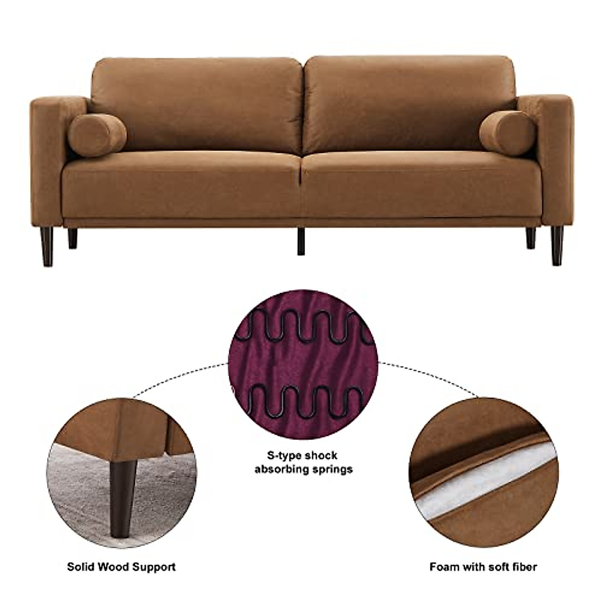 HIFIT Sofa Couches, 79” Mid-Century Modern Couch, Breathable Faux Leather Couch with Upholstered Cushions/Pillows, 3-Seat Sofas & Couches, for Living Room Apartment Office,Brown