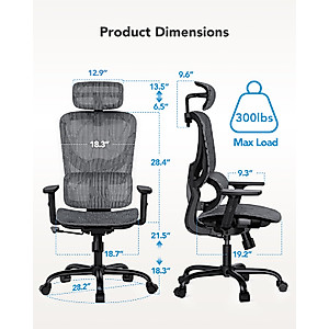 HUANUO Ergonomic Mesh Office Chair, High Back Desk Chair with 5-Level Lumbar Support, Adjustable Headrest, Armrests, Rocking Tilt, Computer Mesh Chair for Home Office Gaming