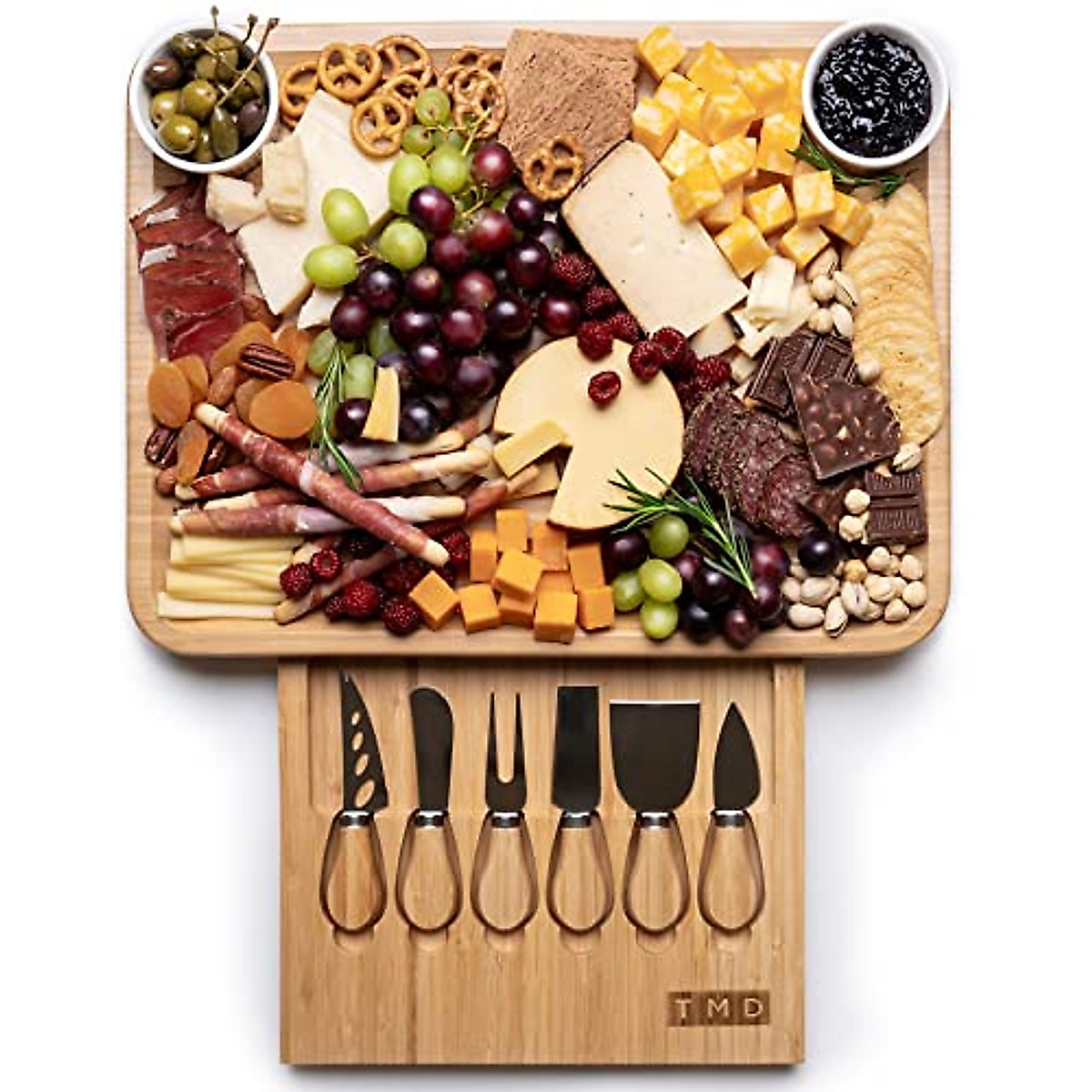 TMD Cheese Board with Knife Set (6pcs) – Elegant Charcuterie Boards with 2 Round Bowls – Wooden Charcuterie Board Set – Cheese board set to Display Your Assortments in Style
