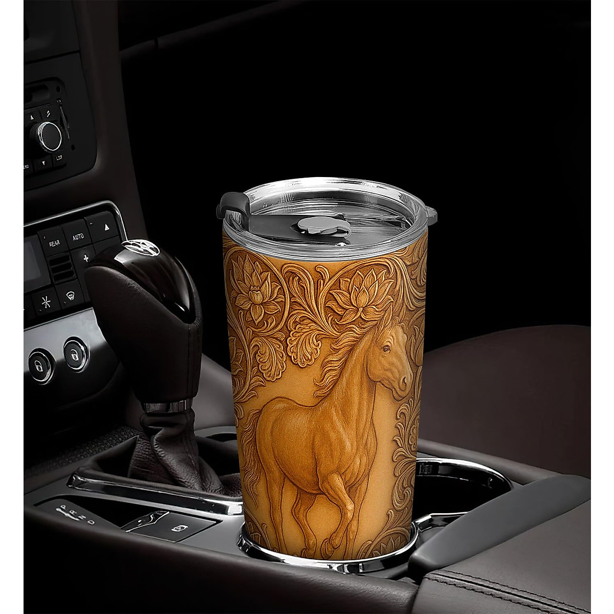 20oz Wooden Flower Horse Tumbler, Country, Equestrian Gifts for Horse Lovers, Coffee Thermos for Women, Men, Stainless Steel Double Wall Vacuum Insulated Coffee Mug, Travel Cup with Lid