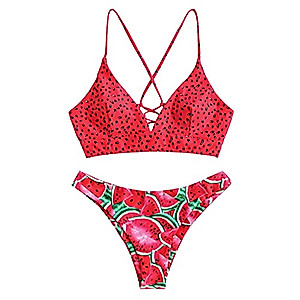 ZAFUL Women's Sexy Triangle Bikini Set Watermelon Print Spaghetti Strap 2 Piece Swimsuit Crisscross Low Cut Bathing Suit Red M