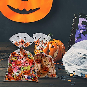 Halloween Pumpkin Print Cone Cellophane Bags Heat Sealable Halloween Treat Candy Bags Gift Bags and Golden Twist Ties for Halloween Treat Party Favor (100 Sets)
