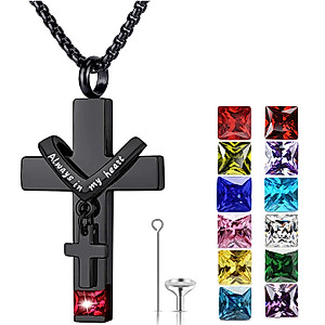 YOUFENG January Birthstones Urn Necklaces for Ashes Cross Cremation Pendant Urns for Human Ashes Memorial Keepsake Locket Jewelry
