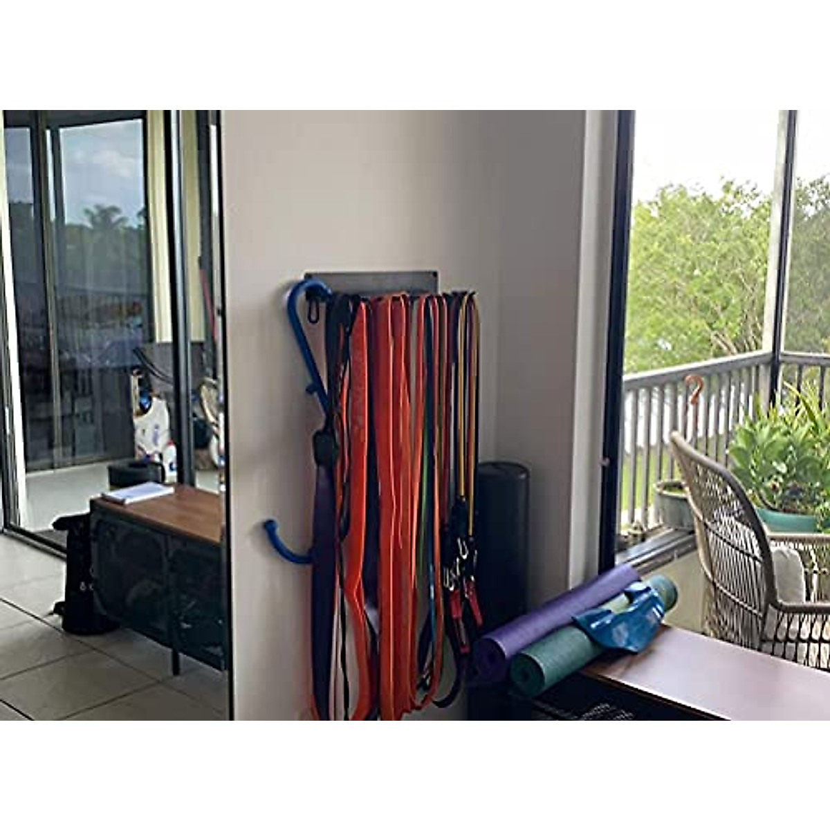 OUUO Home Gym Storage Accessories Equipment Rack for Resistance Bands,Fitness Straps, Jump Ropes,Chains, Curl Bars and Lifting Belts with 10 Prong Hooks (BlackNew)