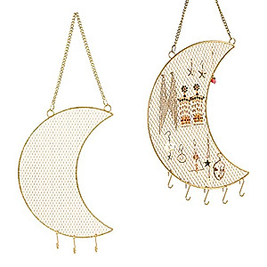 Rolin Roly Earring Wall Holder Wall Mounted Jewelry Rack Hanging Earring Organizer with3 Hooks Moon Shaped for Display Grid Golden Bracelet Necklace Ring